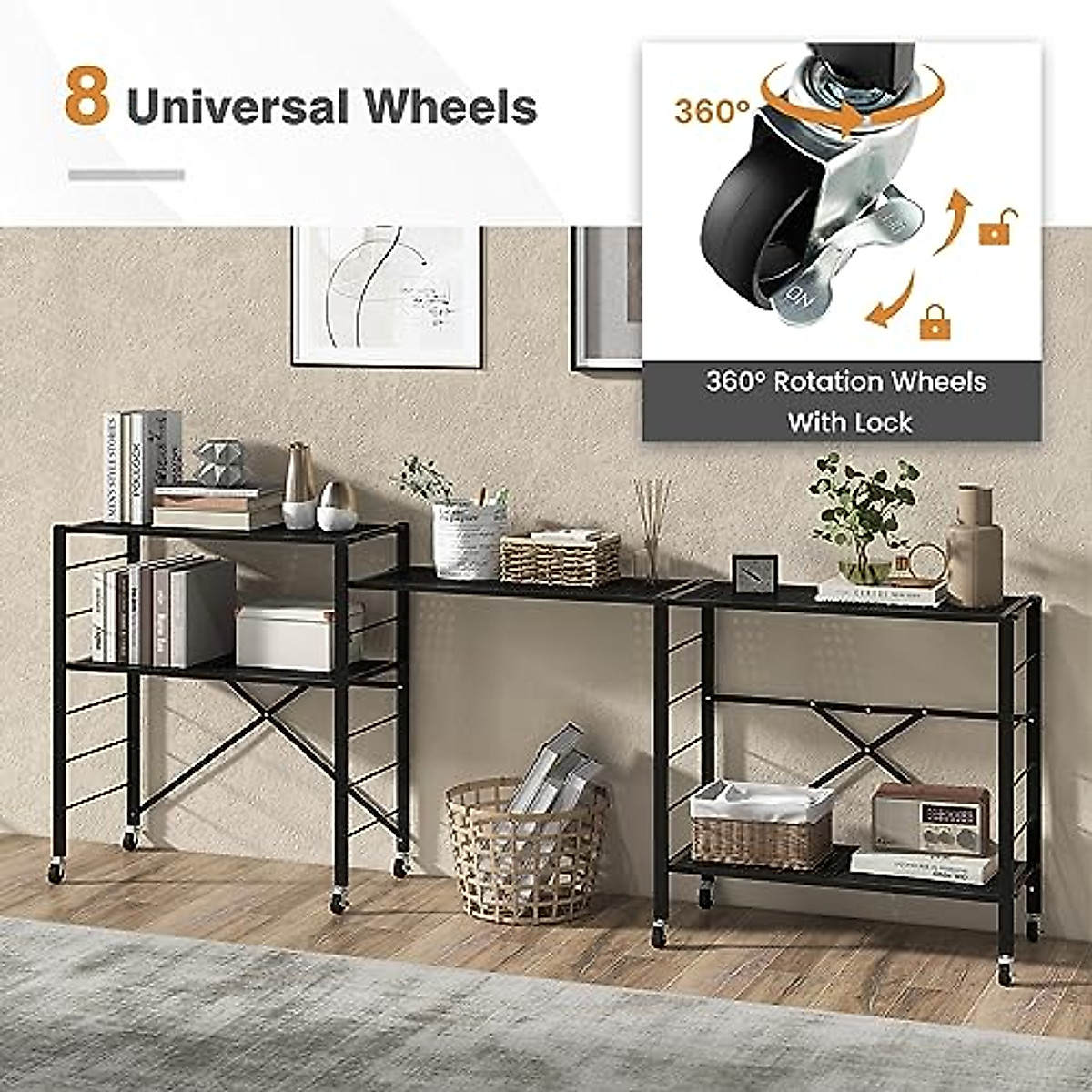 Giantex 5-Tier Folding Bookshelf with Wheels Black, 60" Tall Foldable Metal Shelves for Storage, Freestanding Open Shelving Storage, Easy Assembly Bookcase Display Shelving Rack