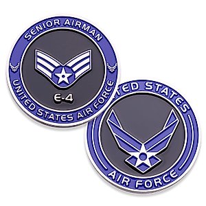 Air Force Senior Airman E4 Challenge Coin! United States Air Force Senior Airman Rank Military Coin. E-4 USAF Challenge Coin! Designed by Military Veterans - Officially Licensed Product!