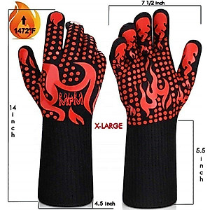 BBQ Gloves 1472℉ Extreme Heat Resistant Protective Cooking Gloves Food Grade Kitchen Oven Mitts with Silicone Non-Slip Grip for BBQ Cooking/ Baking/Smoker/ Fireplace/Welding/ Large & XL (Red+Blue)