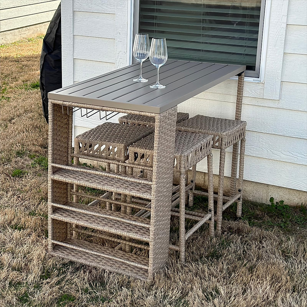 YITAHOME 5 Piece Patio Bar Set, Outdoor High Top Table and Chairs with Wine Glass Holder and Soft Cushions, Outdoor Wicker Furniture for Backyard, Garden Yard, Balcony, Beige Rattan