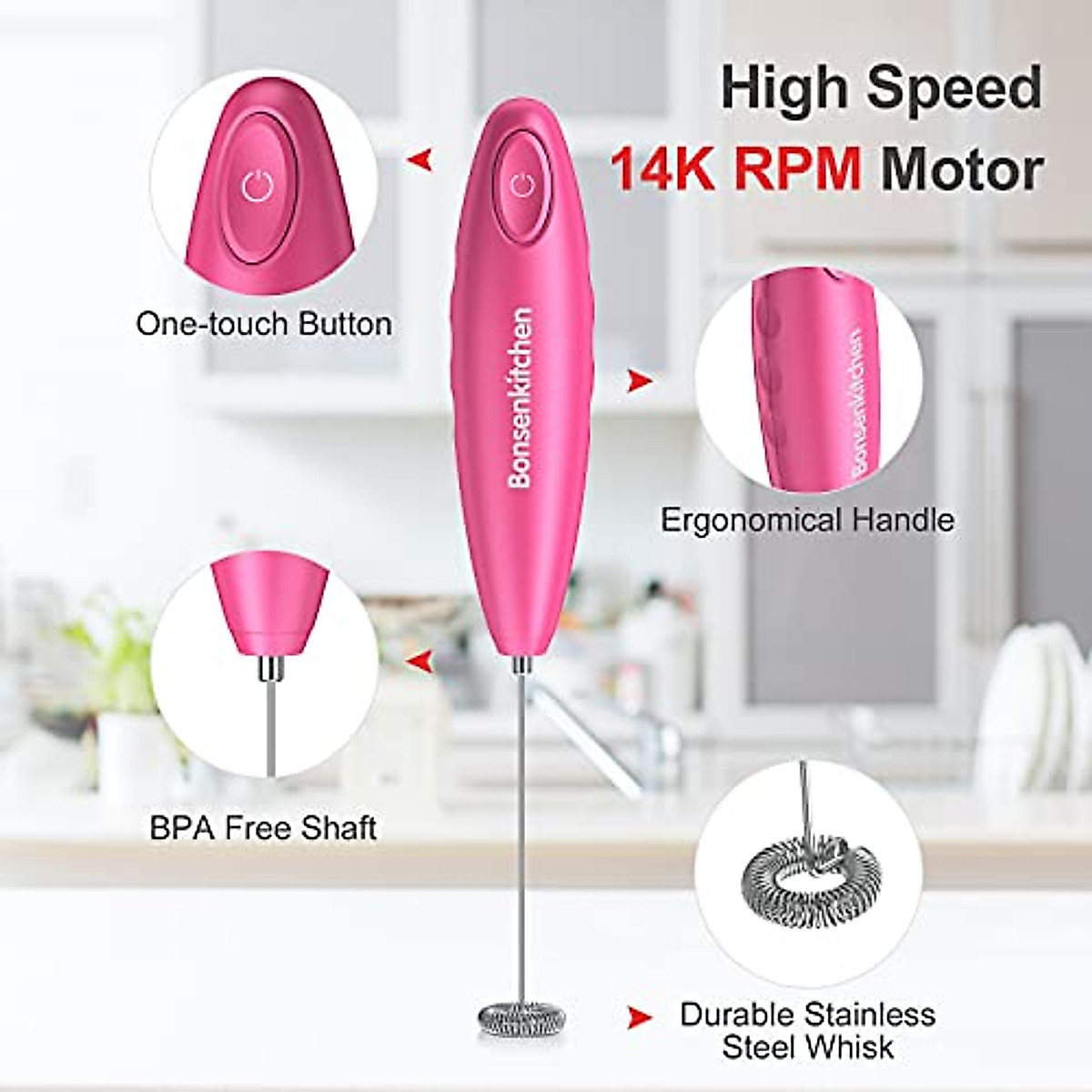 Bonsenkitchen Milk Frother Handheld, Automatic Milk Foam Maker Hand Frother for Coffee, Matcha, Hot Chocolate, Battery Operated Mini Drink Mixer-Hot Pink
