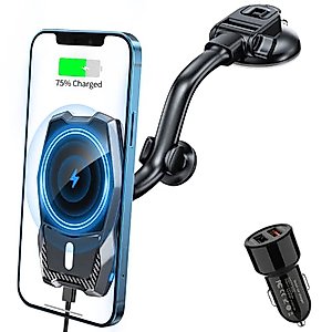 Magnetic Wireless Car Charger Mount, Auto-Alignment Dashboard Windshield Car Wireless Charger Holder Compatible with iPhone 13/12/Mini/Pro/Pro Max/MagSafe Case, 15W Fast Charging with QC3.0 Adapter