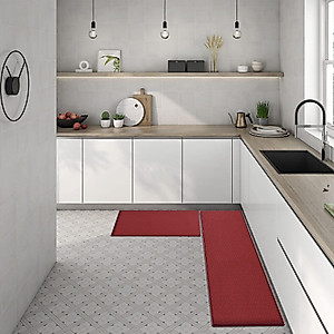 Cenivi 2PCS Kitchen Rugs, Red Kitchen Mat, 47 Inches Cushioned Anti-Fatigue Kitchen Rug, Kitchen Mats for Floor, Non-Slip Kitchen Rugs Sets of 2, Waterproof Kitchen Mat 17.3"×30"+17.3"×47"