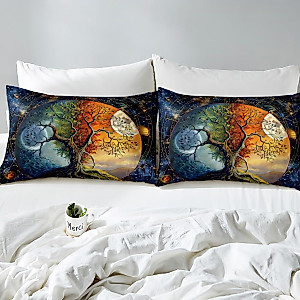 Feelyou Tree of Life Duvet Cover Queen Size Sun and Moon Bedding Set for Kids Psychedelic Galaxy Comforter Cover Set Teens Decor Constellations Bedspread Cover Zipper Closure