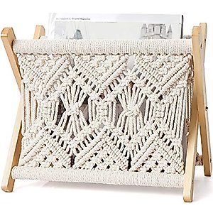 Mkono Macrame Magazine Rack Boho Magazine Holder Storage Standing Basket for Books, Newspapers, Swaddle Blanket, Living Room, Bathroom, Office, Nursery, Home Decor, Small Size, 11.22’’L x 7.5’’W