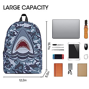 Lightweight Shark Boys School Backpack, Classic Bassic Bookbag for Middle School Students, Cute Shark Patterned Casual Daypack for College, Travel, Work with 15-Inch Laptop Compartment, 17 IN-Grey