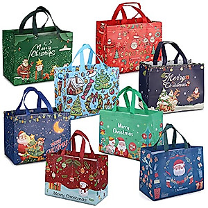 PARSUP 8PCS Christmas Gift Bags,Christmas Tote Bags with Handles, Christmas Treat Bags, Multifunctional Non-Woven Christmas Bags for Gifts Wrapping Shopping, Xmas Party Supplies, 12.8"×9.8"×6.7"