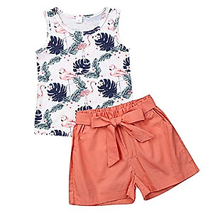 2Pcs/Set Fashion Toddler Kids Baby Girl Sleeveless T-Shirt Top+Floral Denim Shorts Outfits (Flamingo+Orange, 6-7 Years)