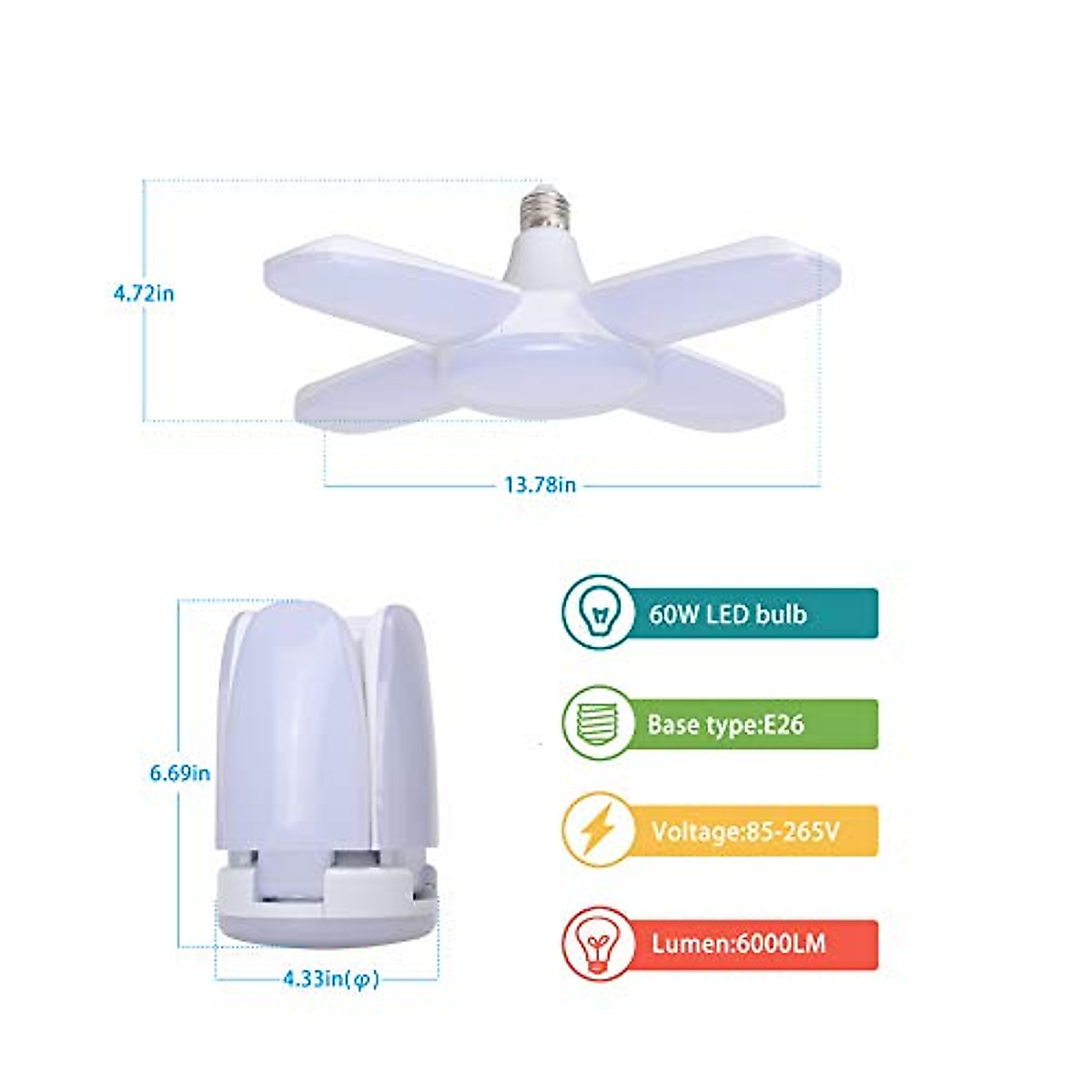 CESAILT LED Garage Lights Bulb 4 Pack, 60W Garage Lights Ceiling, 6000LM Garage Lighting, E26 Daylight Lamps with 4 Deformable Panels for Garage, Workshop, Basement, auto Shops Etc.