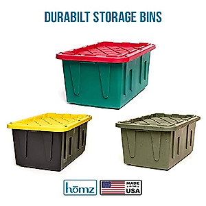 Homz 22-Gallon Durabilt Plastic Stackable Home Office Garage Storage Organization Container Bin w/Latching Lid and Handles, Black/Yellow (4 Pack)