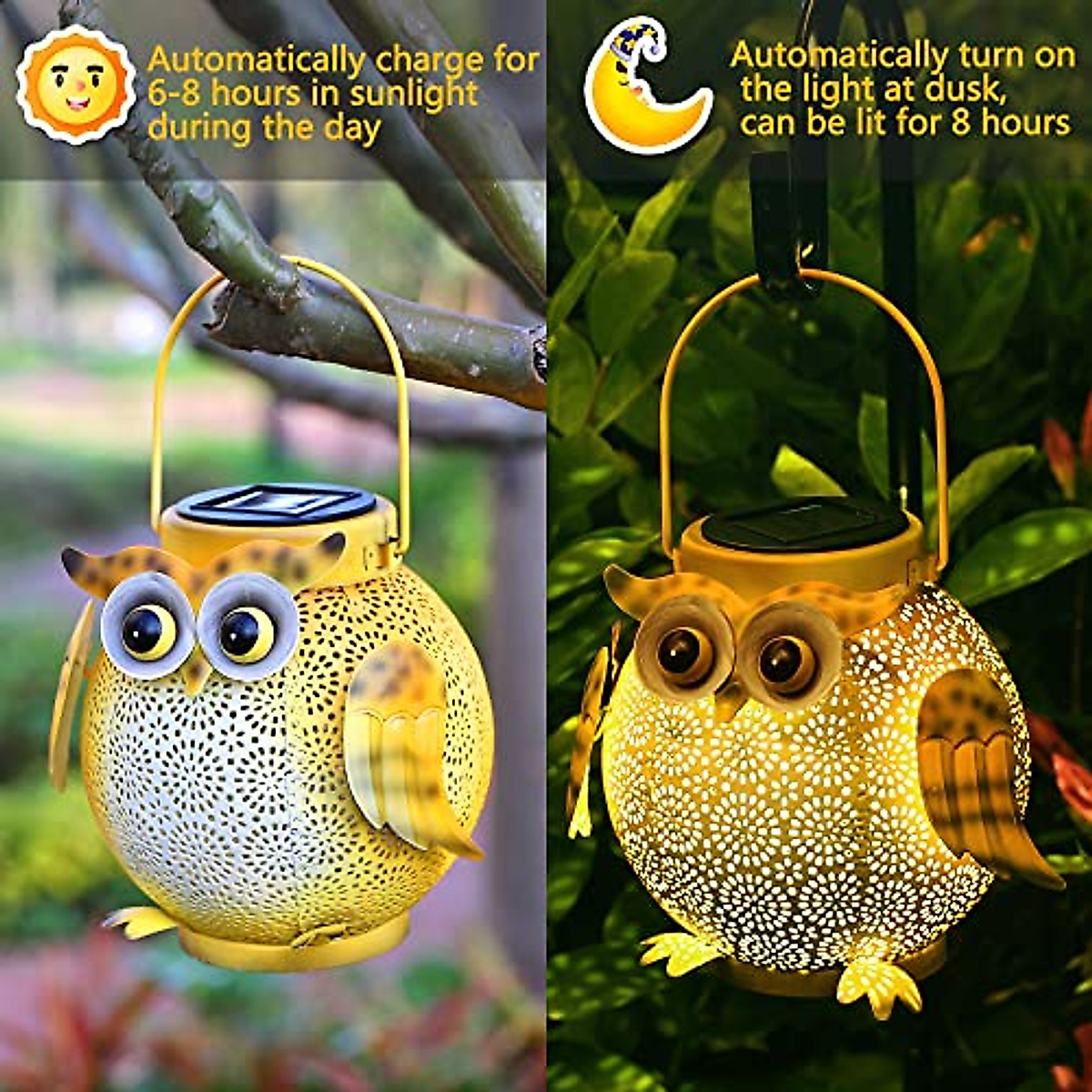 2 Pack Hanging Solar Lanterns - Garden Light Waterproof Metal Decorative Solar Lantern Lights Outdoor for Patio Yard Table Pathway with Owl Pattern