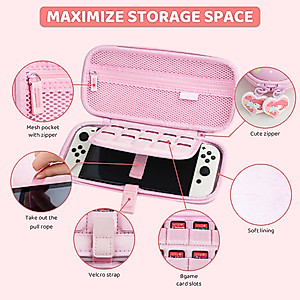 FUNDIARY Cute Carrying Case for Nintendo Switch and Switch OLED, Hard Portable Travel Case for Switch and Switch OLED, Case Accessories Bundle with Game Case and 2 Thumb Caps - Anime Bunny