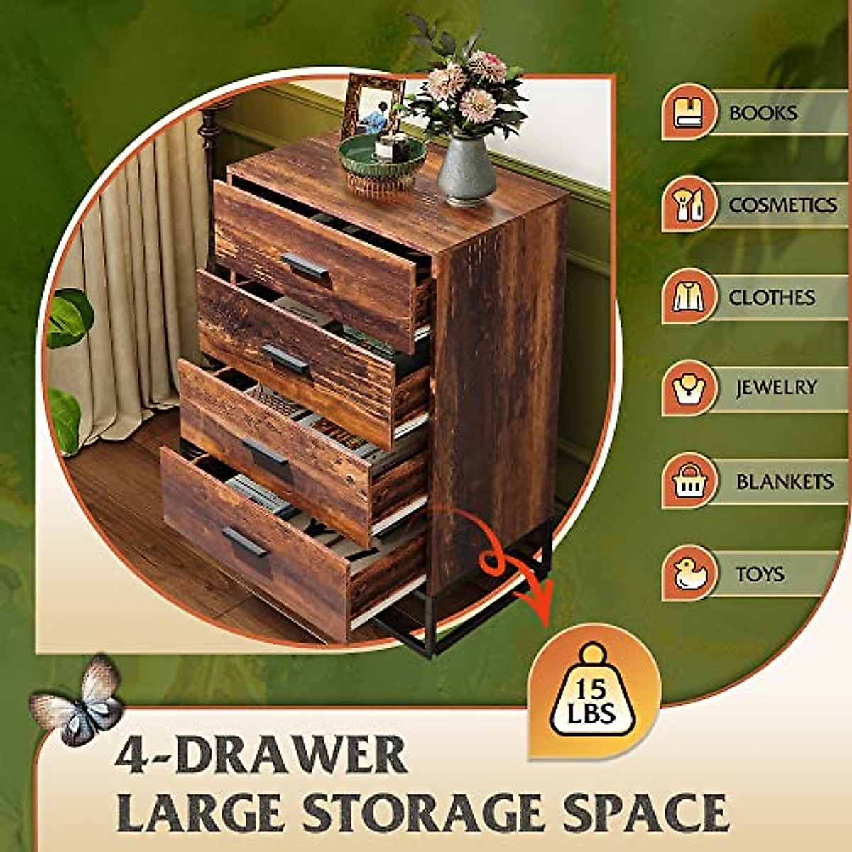 WLIVE Dresser for Bedroom with 4 Drawers, Chest of Drawers, Tall Dresser Drawers with Sturdy Metal Frame for Nursery, Hallway, Living Room, Closet, Brown Oak