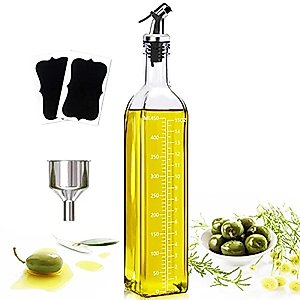 Showvigor Olive Oil Dispenser, Vinegar and Olive Oil Bottle Dispenser 500 ml/17 oz, Oil Bottles for Kitchen with 1 Pourers,2 Labels and 1 Funnel, Home Square Tall Glass Oil Container As Gift