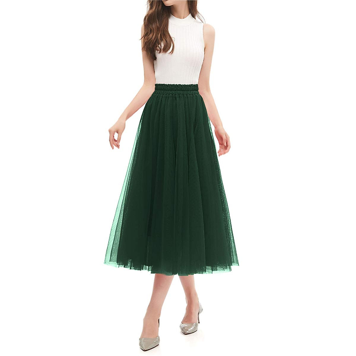 OBBUE Women's A Line Tulle Party Evening Tutu Skirts Tea Length Dark Green-L/XL