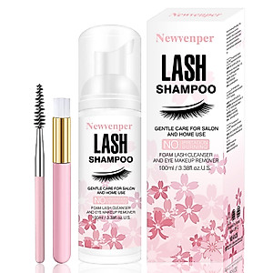 Newvenper Lash Shampoo for Eyelash 100ML + Brush & Mascara Wand Eyelid Foaming Cleansing, Eyelash Extension Cleanser Remover,Makeup Remover,Salon and Home Use