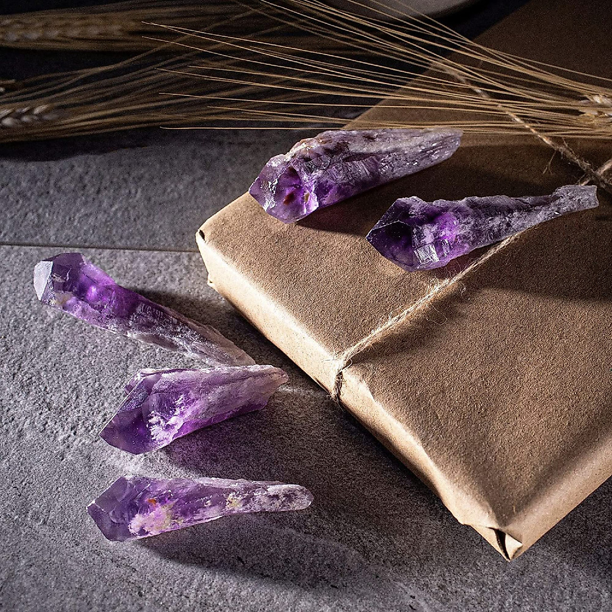 KALIFANO Cathedral Amethyst Point Bundle with Healing & Calming Effects - High Energy Reiki Brazilian Amatista Piedras Elestial Used for Stability and Peace (Information Card Included)