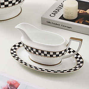 Porlien Checker Dinner Serving Set with Soup Tureen, Soup Ladles, Gravy Boat with Ladle and Stand and Salt & Pepper Shaker