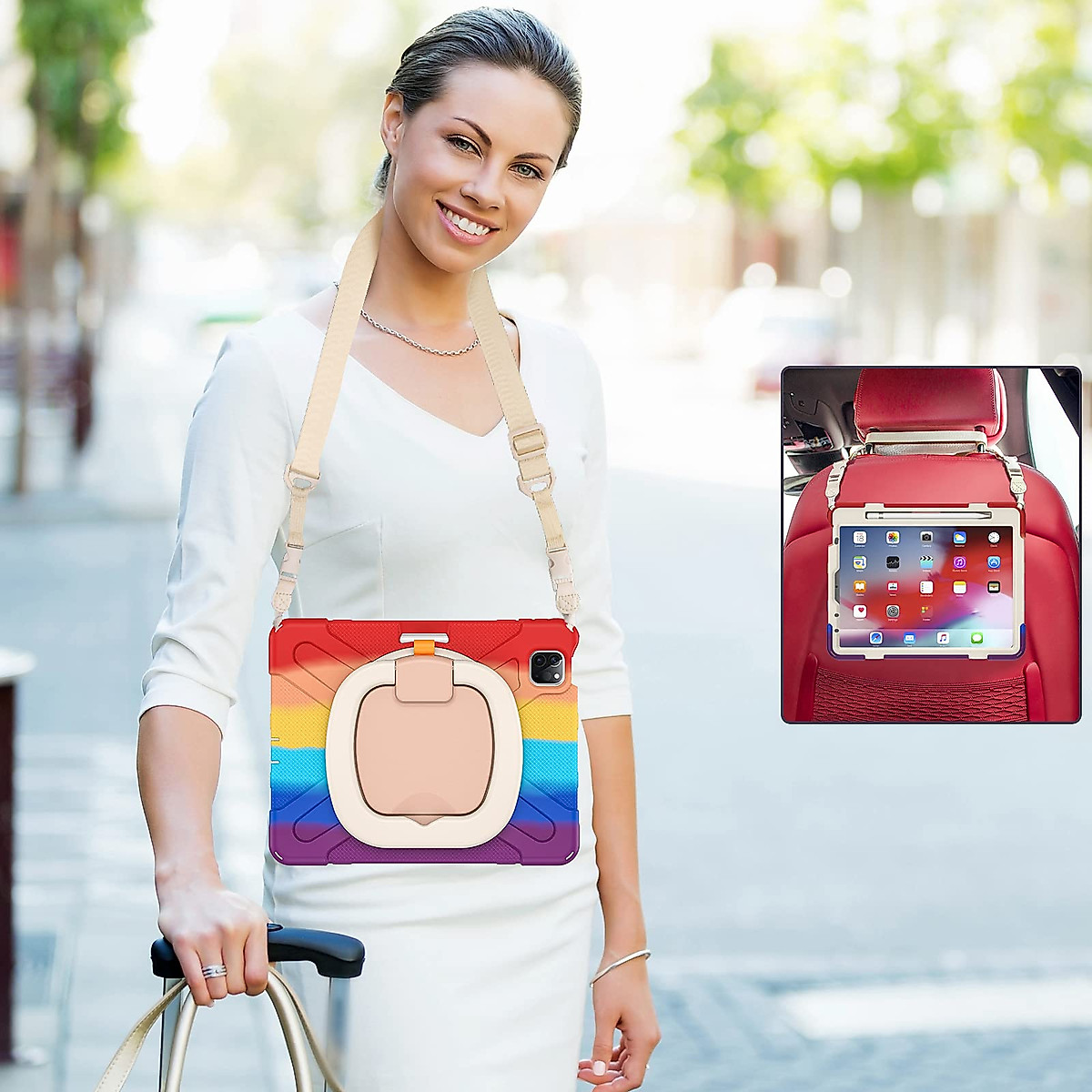 MEEgoodo Case for iPad Pro M2 12.9 Case 6th/5th/4th/3rd Generation 2022 2021 2020 2018, Tablet Cover with Pencil Holder/Rotating Stand/Shoulder Strap for Kids, Colourful Red