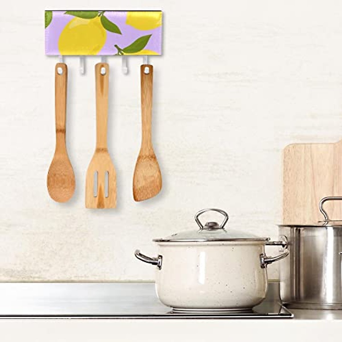 Colorful Hand Drawn Lemon Pattern Mail Holder Organizer and Key Hooks PU Front, Self Adhesive Key Rack with 5 Hooks Perfect for Entryway, Hallway，Bathroom ，Kitchen