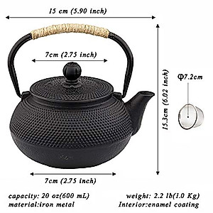 tetsubin Cast iron tea kettle japanese workshop teapot hobnail pattern with Stainless Steel Infuser【20 oz black】