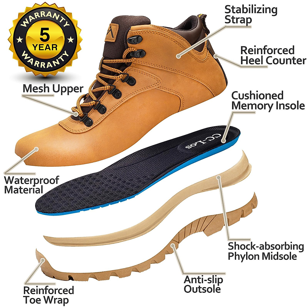 CC-Los Men's Waterproof Hiking Boots Mid-top Boots Lightweight Non-slip High-Traction Grip 7.5-14