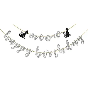 INNORU Cat Birthday Banner, Cat Happy Birthday Party Banner, Meow Garland Bunting, Pet Cat Birthday Party Decoration Silver Glitter
