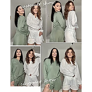 Ekouaer Womens Waffle Knit Long Sleeve Top and Shorts Loungewear Thick Pajama Set, White, Small