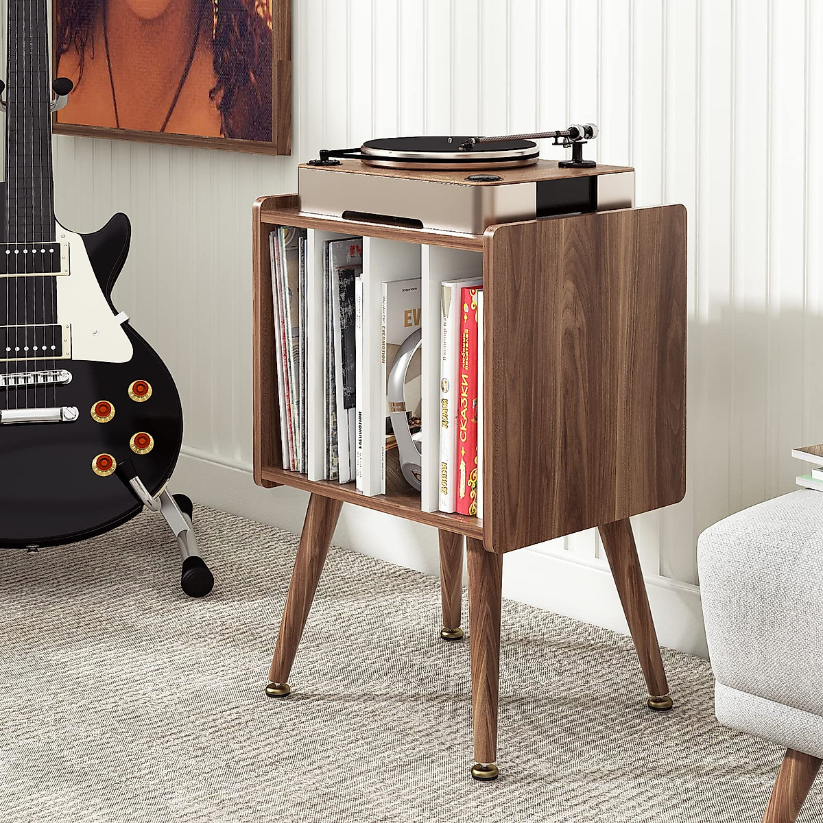 Artswish Record Player Stand Mid Century Turntable Table Vinyl Record Storage Table with 4 Cabinet, Walnut Record Display Table for Living Room Bedroom