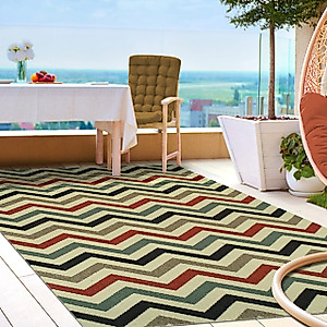 Superior Indoor Outdoor Area Rug, Jute Backed Rugs, Home Decor For Patio, Entryway, Kitchen, Living Room, Poolside, Office, Modern, Zig-Zag Floor Cover, Chevron Collection, 8' x 10', Beige