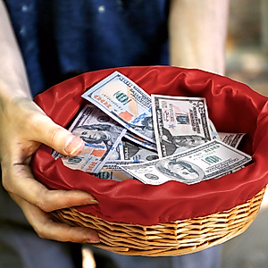 FillTouch 4 Pcs 12 Inches Round Offering Baskets for Church Wicker Basket with Removable Liner Rattan Collection Receiving Storage Basket Woven Bread Basket for Church Communion Supplies