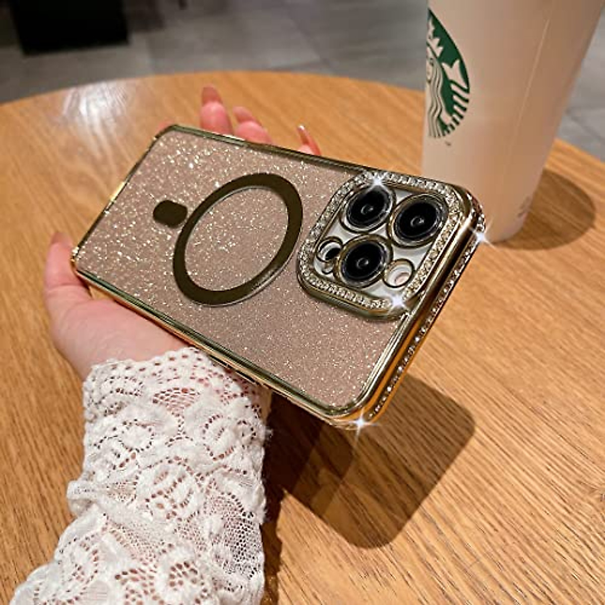 Cyberowl iPhone 13 Pro Max Glitter Case [Compatible with MagSafe] Lightweight and Luxury Plating Cute Bling Shockproof Raised Full Camera Lens Protective Rugged TPU Case Girls Women Covers Gold