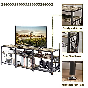 VECELO TV Stand for Televisions up to 65 Inch, Industrial Entertainment Center with 3-Tier Open Storage Shelves& Hooks for Living, Bedroom and Gaming Room, 55 Inch, Grey