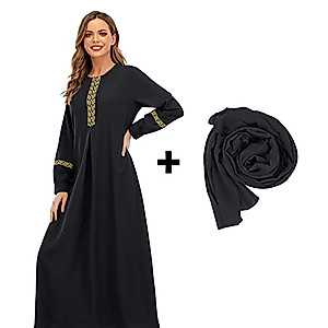 Abetteric Womens Long Sleeve Ethnic Style Full Zip Muslim Dresses Abaya with Hijabs Black 2XL