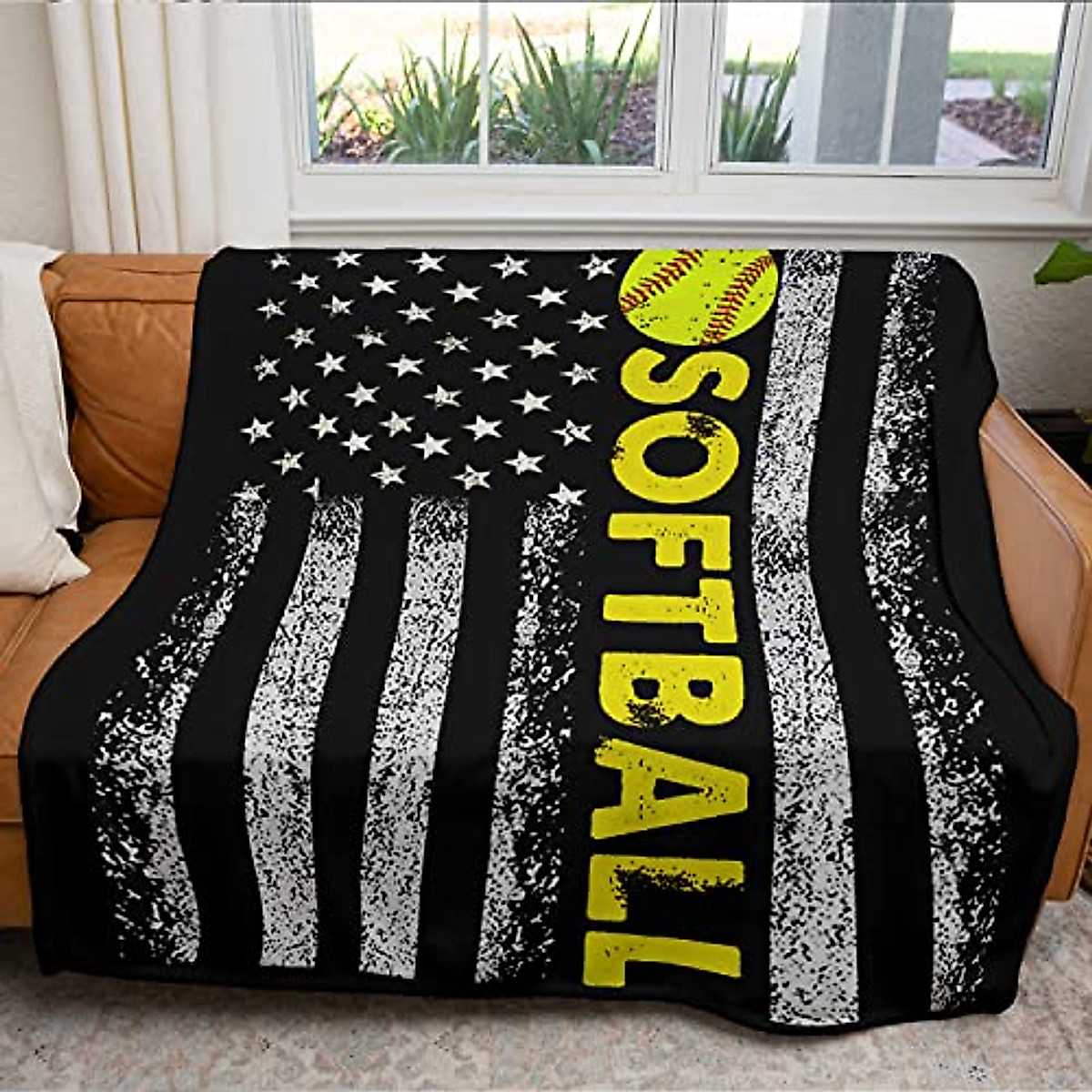 Softball Blankets for Adults Softball American Flag Fluffy Throw Blanket Fall Flannel Blanket for Kid Decor Plush Fleece Blanket Softball Theme for Couch Living Room Bedroom Sofa