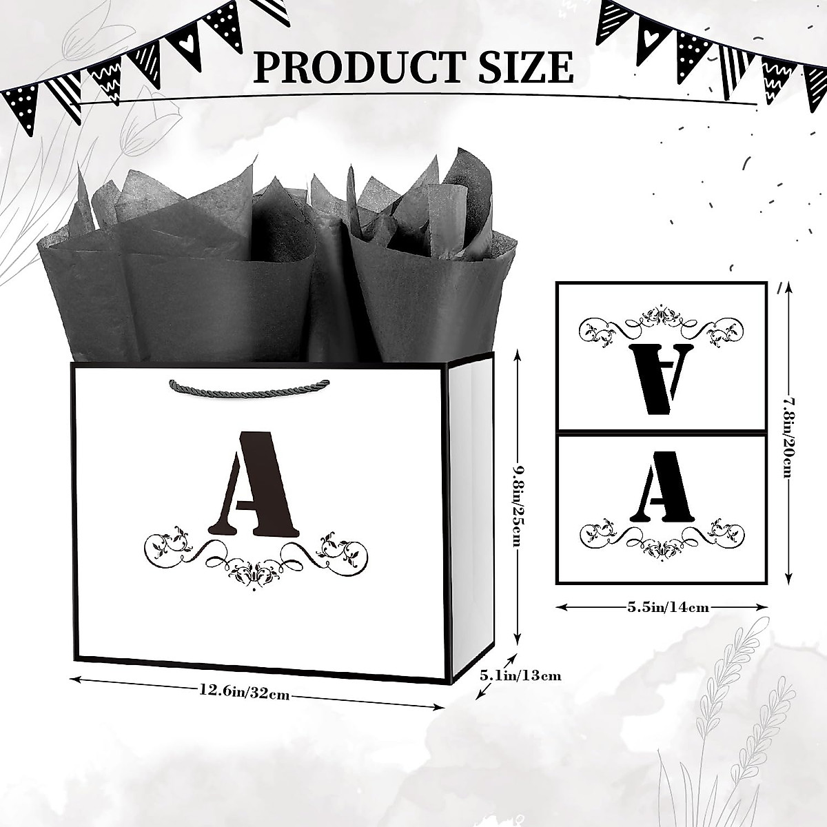 ysmile Letter Gift Bag with Wrapping Tissue for Men Women, 12" Large White Black Paper Bag for Birthday Anniversary - Single A