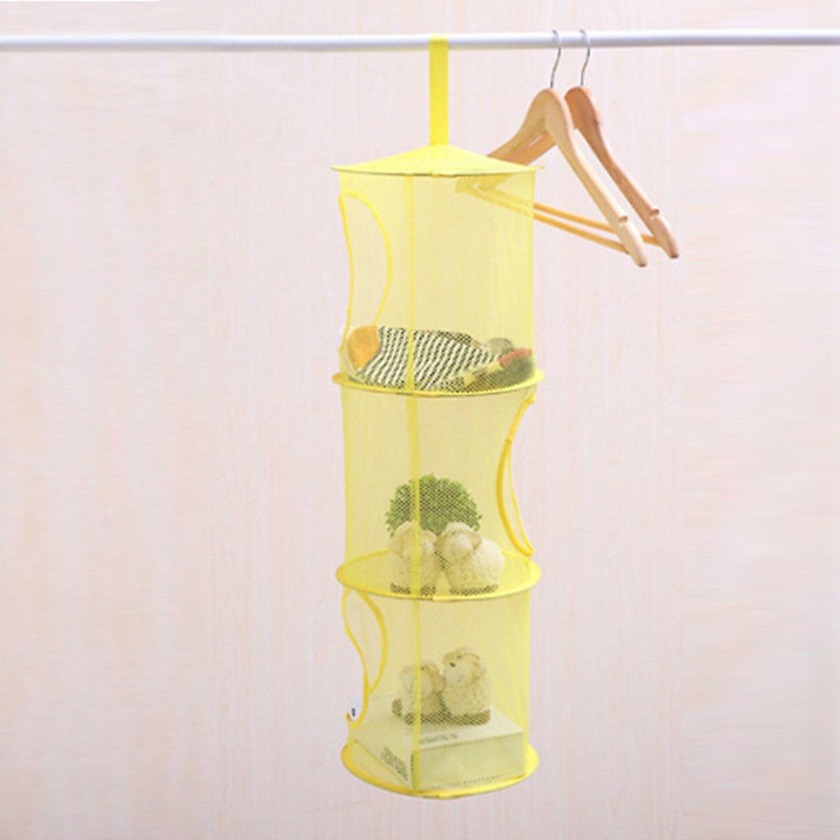 Hanging Mesh Space Saver Bags Organizer 3 Compartments Storage Basket for Room (Yellow)