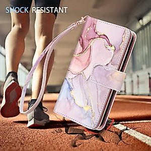 Fingic Galaxy S23 Wallet Case, 9 Card Holder, Rose Gold Marble PU Leather with Detachable Wrist Strap for Women & Girls (6.1 inch)