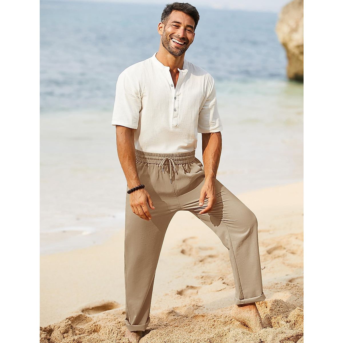 iWoo Mens Elastic Waist Drawstring Pants With Pockets Beach Linen Pants Men Dk Xxl