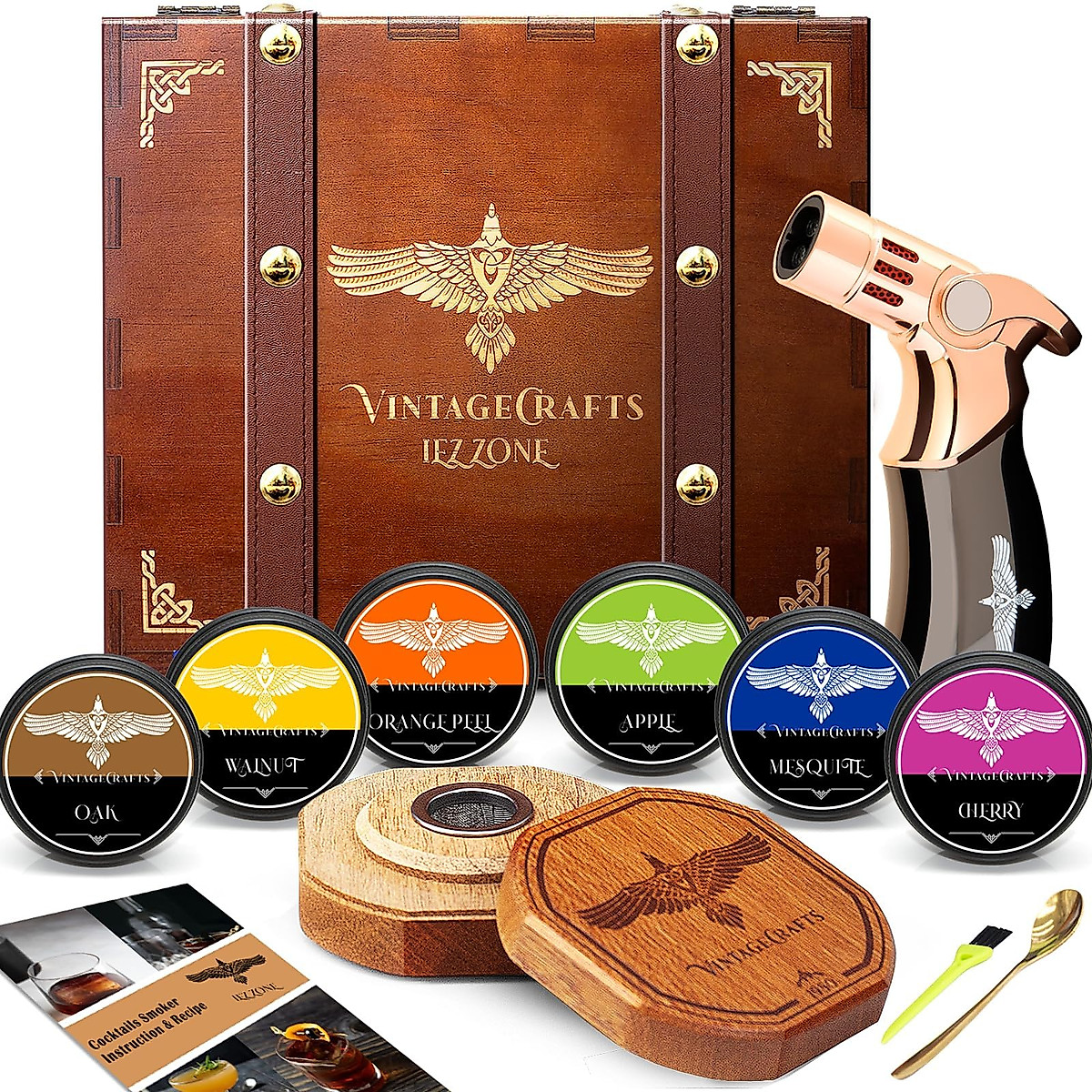 iEZZONE Cocktail Smoker Kit with Torch, Whiskey/Bourbon/Old Fashioned Smoker Kit with Torch,6 Flavor of Wood Chips,Orange/Apple/Oak/Cherry/Walnut/Mesquite,Birthday Gifts for Man,Husband,Dad(No Butane)