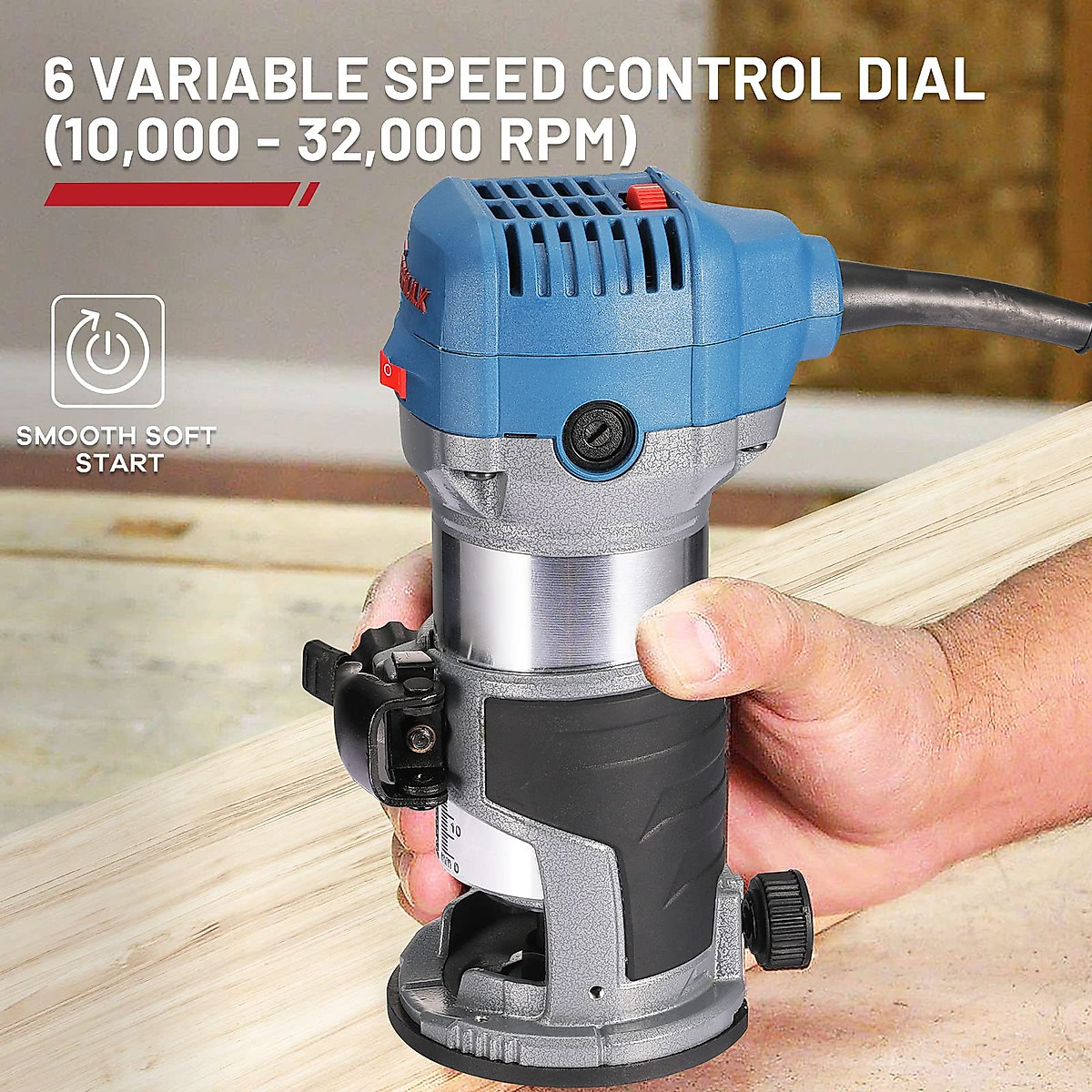 Wood Router Tool, Enhulk 6.5-AMP 1.25HP Compact Trim Router for Woodworking, 6 Speeds to 32000 RPM, Kit with Roller Guide, Edge Guide and Dust Hood…