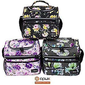 opux Lunch Box For Women, Insulated Large Lunch Bag Adult Work, Double Decker Lunchbox Meal Prep, Dual Compartment Leakproof Lunch Cooler, Soft Lunch Pail Tote for Girls Kids School, Floral Purple