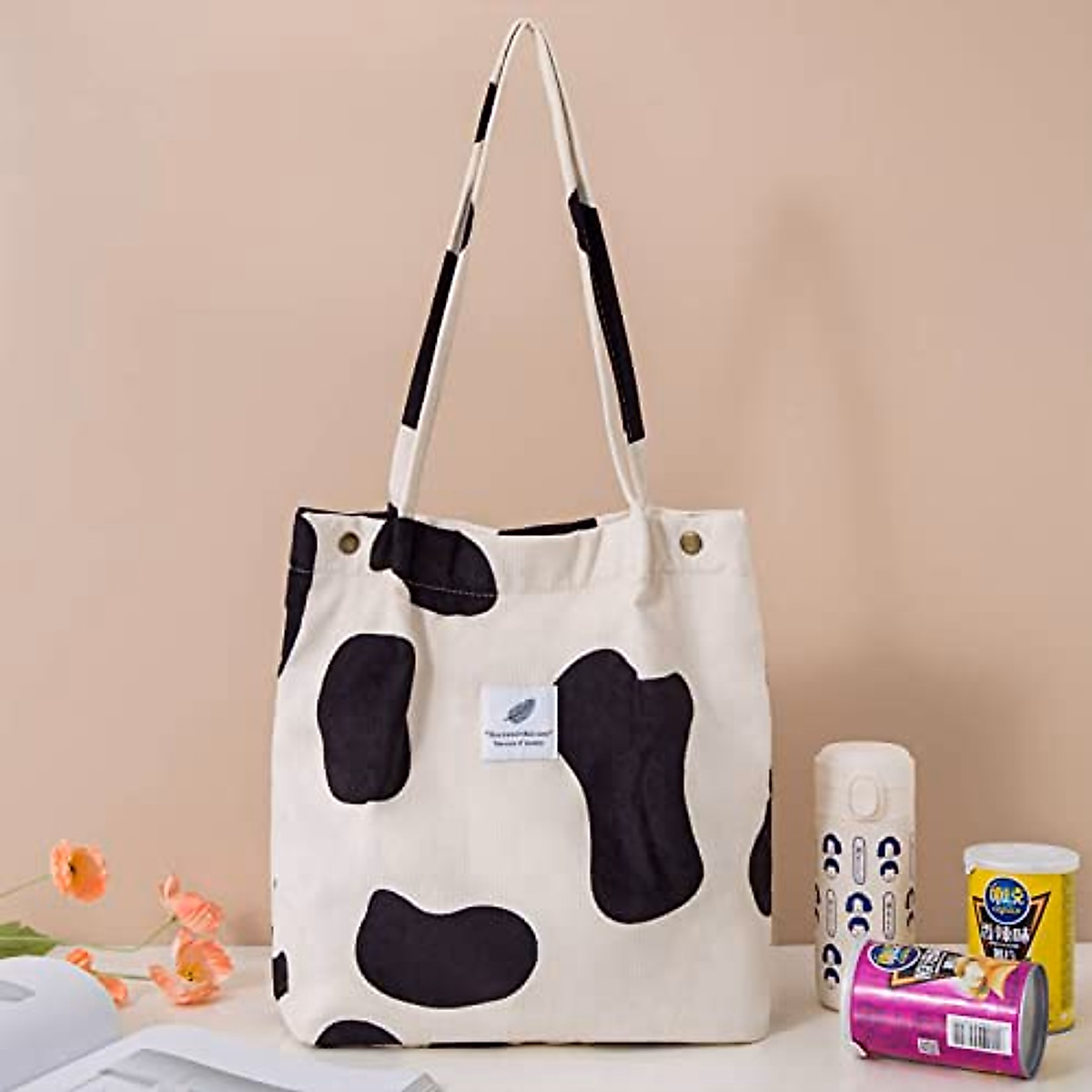 Tellumo Fashion Tote Bag for Women Girl Corduroy Shoulder Cord Purse with Inner Pocket (Cow Pattern)