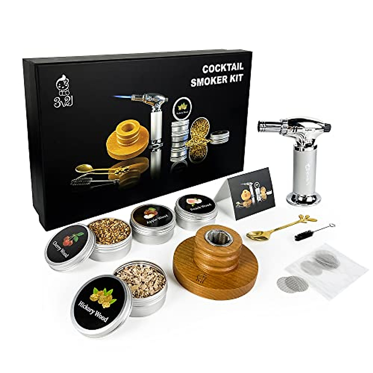 Cocktail Smoker Kit with Torch | Good for Whiskey and Bourbon Flavoring | 4 Flavor Wood Chips (Cherry, Apple, Hickory and Peach) A True Gift Set | for Men, Dads & Husband | (Butane not Included)