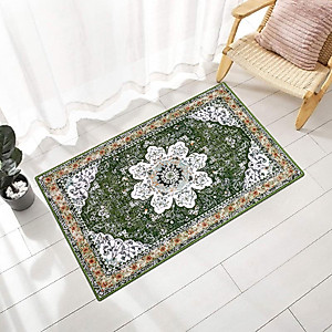 Ileading Bohemian Vintage Small Area Rug,Machine Washable Low-Pile Entrance Door Mat, Non-Slip Entryway Runner Rug, Non-Shedding Inside Welcome Mat for Hallway Kitchen Pets (Green 2x3ft)