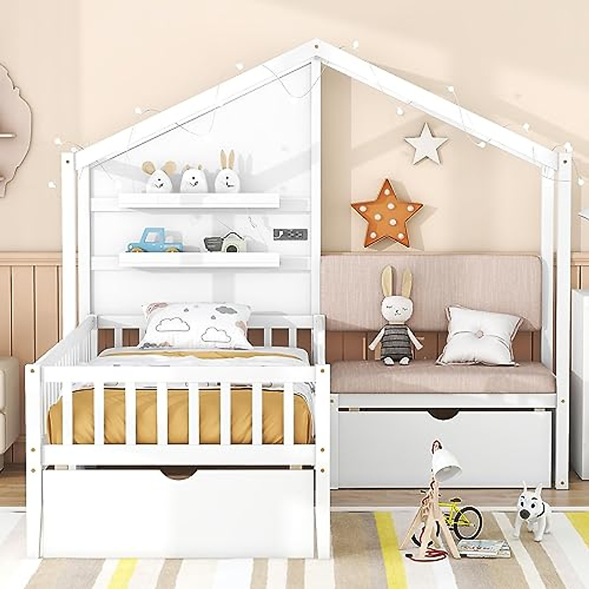 BIADNBZ Wooden Twin Size House Bed with Upholstered Sofa, House Bedframe with Charging Station, Wireless&Charging, Shelves and Two Drawers for Boy/Girl/Bedroom,White
