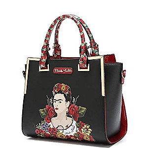 Authentic Frida Kahlo Flower Theme Hardware 2 Way Wing Satchel Handbag Purse (Black Trim)