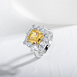 Gobaalele Radiant Cut Engagement Ring, 7.5ct 5A Cubic Zirconia Yellow Stone Citrine White Gold Plated S925 Sterling Silver CZ Promise Statement Anniversary Halo Ring Christmas gift for Women Size5.0