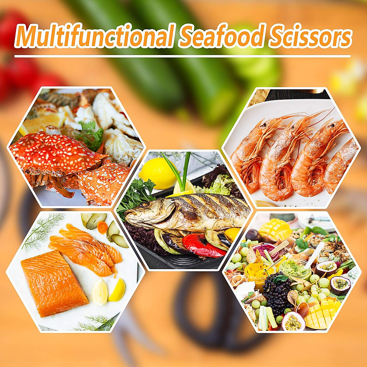 4PCS Seafood Scissors Crab Scissors Stainless Steel Seafood Fish Crab Shrimp Lobster Scissors for Kitchen, Multifunctional Crab Leg Crackers and Tools Black