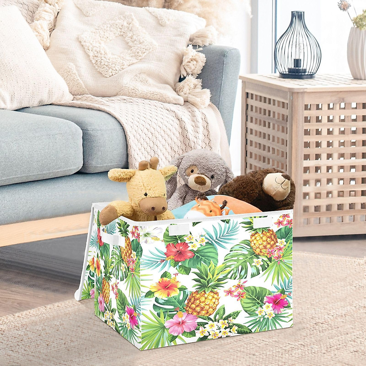 DIGTIA Tropical Pineapple Floral Storage Bins with Lids Large Palm Leaves Summer Storage Basket with Handles Foldable Fabric Storage Box Organizer for Clothes Toys Closet Cabinet Home Office Bedroom